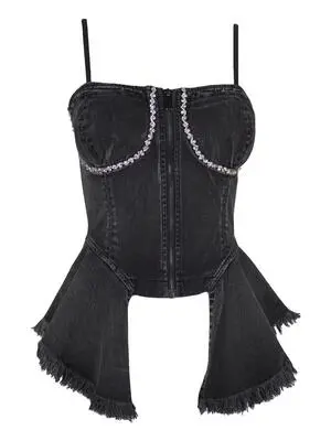 LALIPOP DESIGN Hand-stitched Crystal-embellished Denim Corset Top - Black
