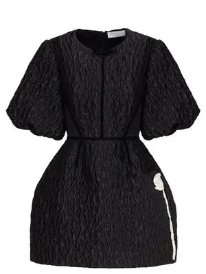 GEORGETTE Textured Mini Dress With Puff Sleeves - Black