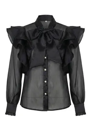 MODENAIRE Sheer Ruffle Blouse With Bow - Black