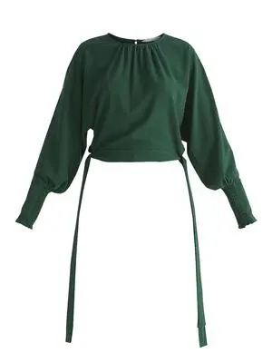 PAISIE Waist Tie Top With Shirred Cuffs - Green