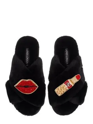 LAINES LONDON Faux Fur Slippers With Brooches - Black