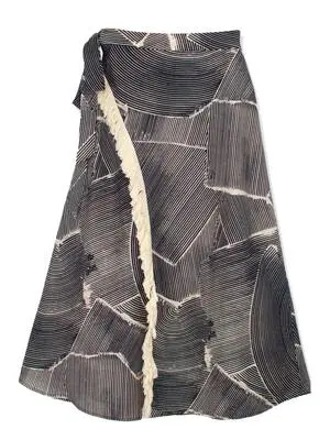 PROFILE NYC Faux Wrap Printed Skirt With Fringe - Black