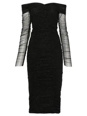 NISSA Ruched Tulle Midi Dress - Black