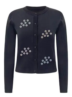 ROCH PEREL Flower Embroidered Viscose Blend Cardigan - Black