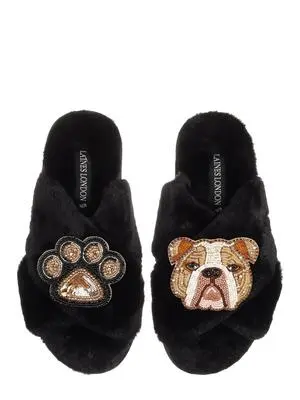 LAINES LONDON Faux Fur Slippers With Brooches - Black