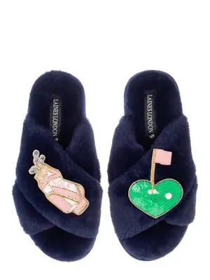 LAINES LONDON Classic Laines London Slippers With Golf Brooches Blue