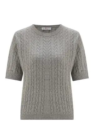 PERALUNA Nicole Cable Knit Cashmere Blend Short Sleeve Blouse - Grey