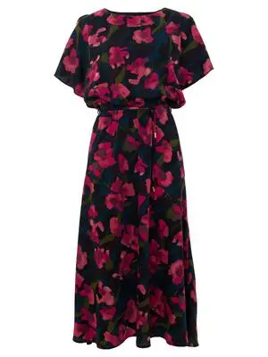 LOUCHE Basford Floral Print Cape Sleeve Midi Dress - Black