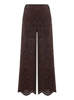 THISISU COLLECTION High Waist Wide Leg Broderie Trousers - Brown