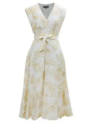 SMART AND JOY Tropical Print Sleeveless Midi Dress - Gold