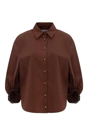 GEORGETTE Button-down Shirt With Gathered Sleeves - Brown