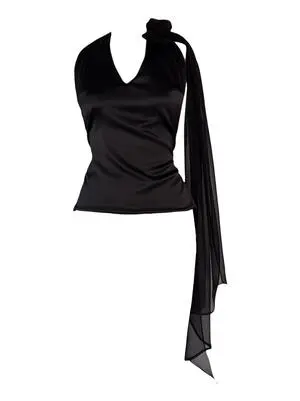 JANE GALA Silk Charmeuse Halter Top With Chiffon Drape - Black
