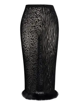 MISS CIRCLE NEW YORK Animal Print Velvet Fur Trim Skirt - Black