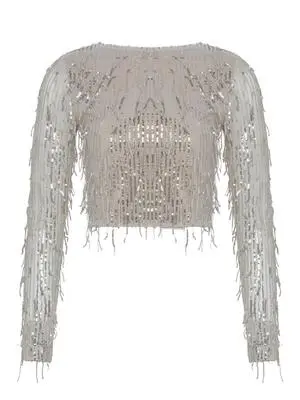 THISISU COLLECTION Sequin Fringe Crop Top - Silver