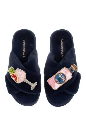 LAINES LONDON Classic Slippers With Brooches - Blue