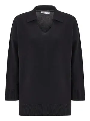 PERALUNA Polo V-neck Knit Pullover - Black
