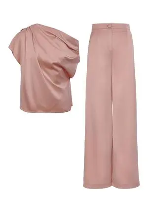 BLUZAT Asymmetrical Draped Top With Wide Leg Trousers Set - Brown