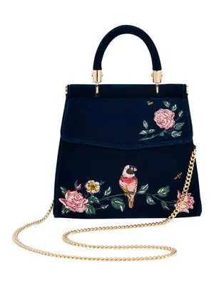 FABLE ENGLAND Rosy Posy Embroidered Mini Top Handle Tote - Blue