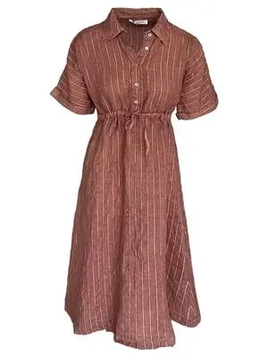Haris Cotton Striped Linen Midi Shirt Dress - Brown