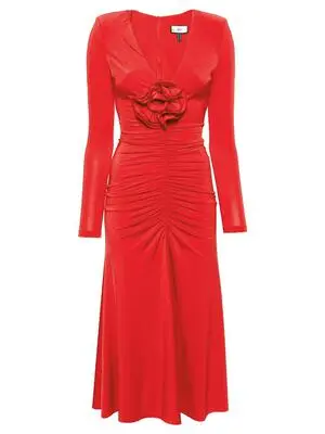 NISSA Floral-appliqué Midi Dress - Red