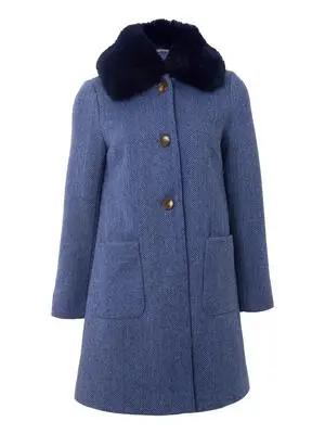 LOUCHE Dryden Herringbone Coat With Faux Fur Collar - Blue