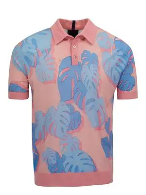 LORDS OF HARLECH Pilgrim Monstera Floral Coral Merino Silk Cashmere Polo - Orange