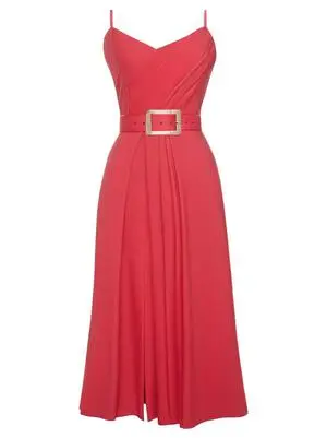 ALINA CERNATESCU Simba Linen Draped Midi Dress With Slit And Pockets - Red
