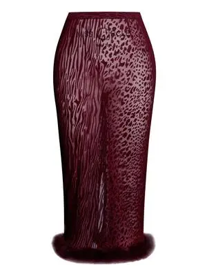 MISS CIRCLE NEW YORK Animal Print Burnout Velvet Skirt With Fur Trim - Red