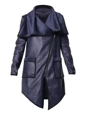METAMORPHOZA Croc-effect Asymmetric Zip Coat With Draped Collar - Blue