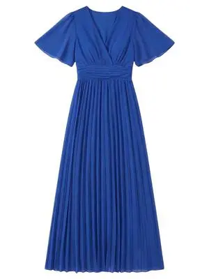 LATELIER LONDON Pleated Midi Dress With Flutter Sleeves - Blue