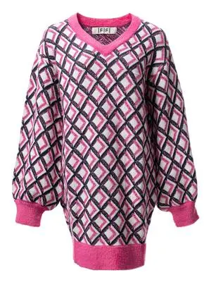 FULLY FASHIONING Diamond Jacquard Knit Tunic Dress - Pink