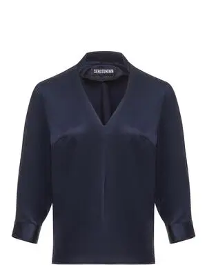 SEROTONINN Silk V-neck Top - Blue