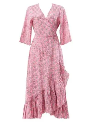 WILD ROSE Jua Strawberry Cotton Hand Block Print Wrap Dress - Pink