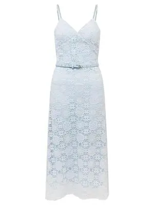 SOUR FIGS Floral Guipure Lace Belted Midi Dress - Blue