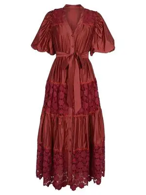 MODENAIRE Lace Panel Puff Sleeve Midi Dress - Red