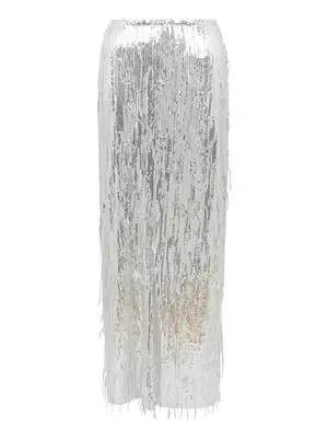 SOUR FIGS Fringed Sequin Maxi Skirt - Silver