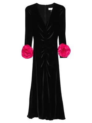 NISSA Floral-appliqué Velvet Midi Dress - Black
