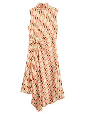 NIZA Ondine Asymmetrical Midi Dress With High Neck And Bow Detail - Blue