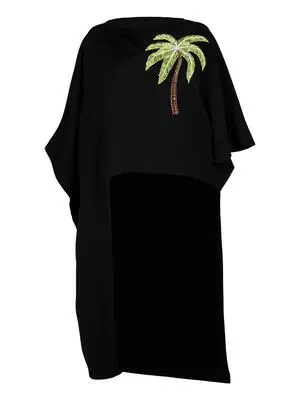 LAINES LONDON Couture Asymmetric Cape Blouse With Palm Tree Embellishment - Black