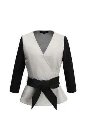 SMART AND JOY Peplum Top With Cross-heart Effect & Belt - Grey