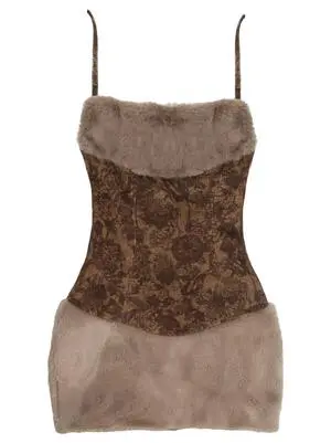 28NATELIER Floral Corduroy Mini Dress With Faux Fur Trim - Brown