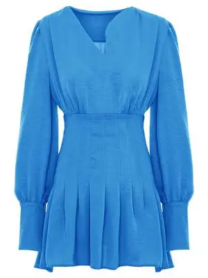 BLUZAT Mini Dress With Pleats And Asymmetrical Neck - Blue