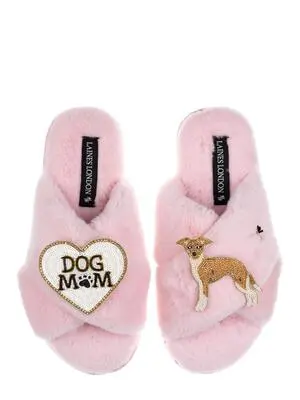 LAINES LONDON Classic Slippers With Dog Brooches - Pink