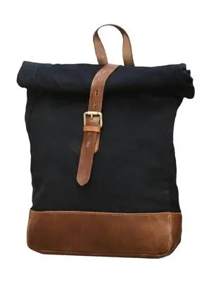 VIDA VIDA Canvas And Leather Roll Top Backpack - Black/brown