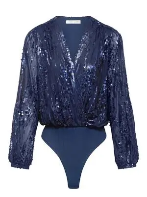 URBAN TOUCH Sequin Wrap Bodysuit With Long Sleeves - Blue