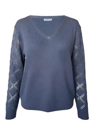 Haris Cotton Knit Sweater With Embroidered Sleeves - Blue