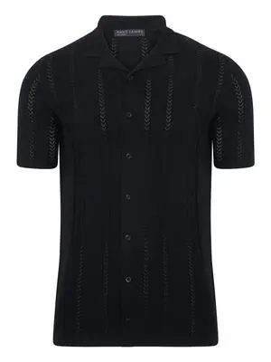 PAUL JAMES KNITWEAR Ultra Fine Cotton Santiago Open Knit Cuban Collar Shirt - Black