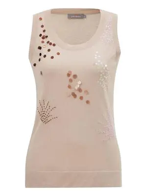 PERALUNA Sequin Embroidered Sleeveless Knitted Blouse - Beige