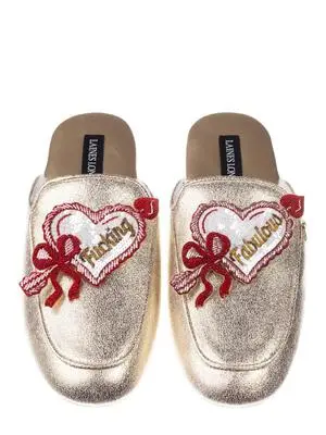 LAINES LONDON Classic Mules With Heart Brooches - Gold