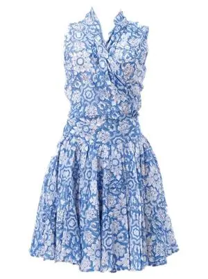 WILD ROSE Wrap Floral Cotton Hand Block Print Dress - Blue